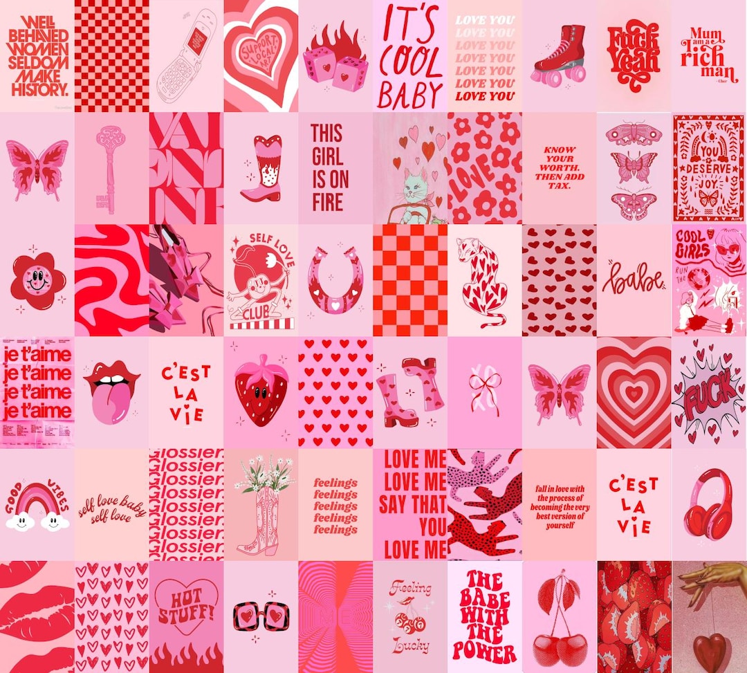 60 PCS | Red and Pink Danish Wall Collage Kit | Pink Preppy Poster ...