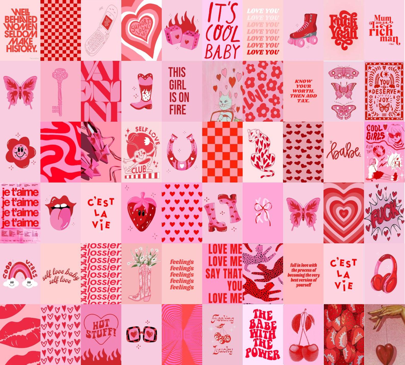 60 PCS Red and Pink Danish Wall Collage Kit Pink Preppy Poster Collage ...