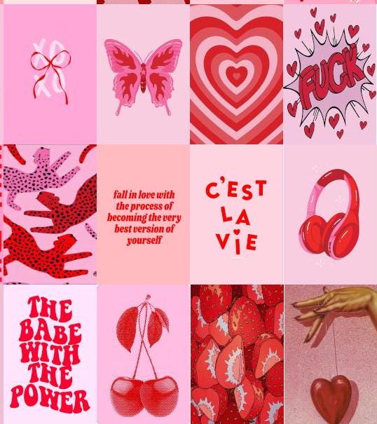 60 PCS | Red and Pink Danish Wall Collage Kit | Pink Preppy Poster ...