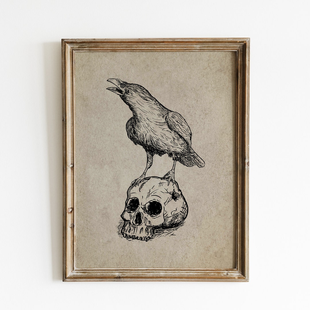 Raven Wall Art, Raven Bird on Human Skull, Vintage Raven Painting, Bird ...