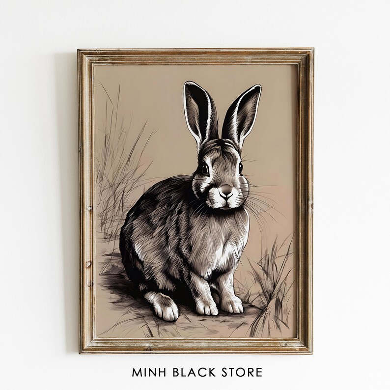 Rabbit Wall Art, Rabbit Drawing, Rabbit Print Art, Vintage Wall Art ...