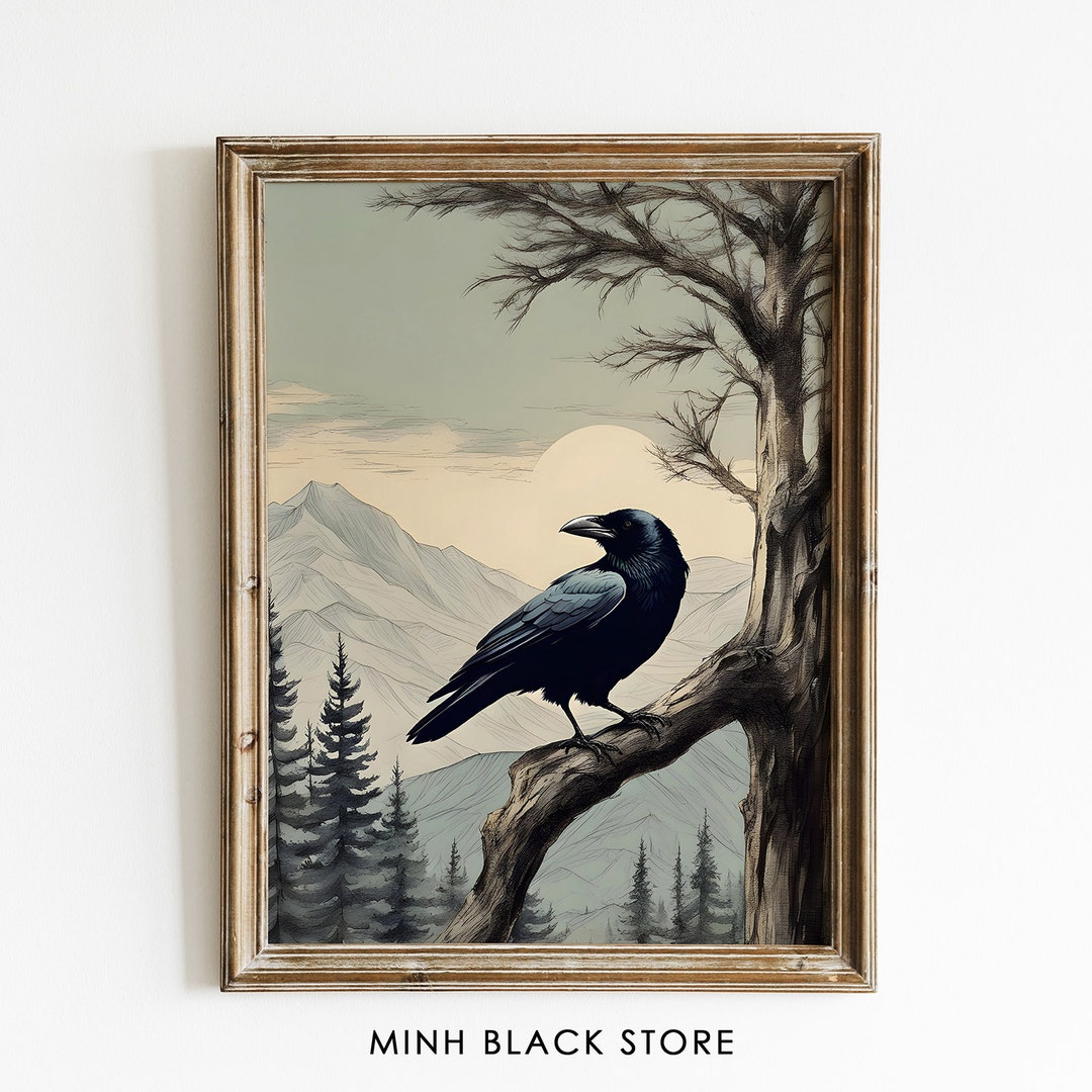 Raven Painting, Bird Prints Wall Art, Sketch Art Print Landscape, Raven ...