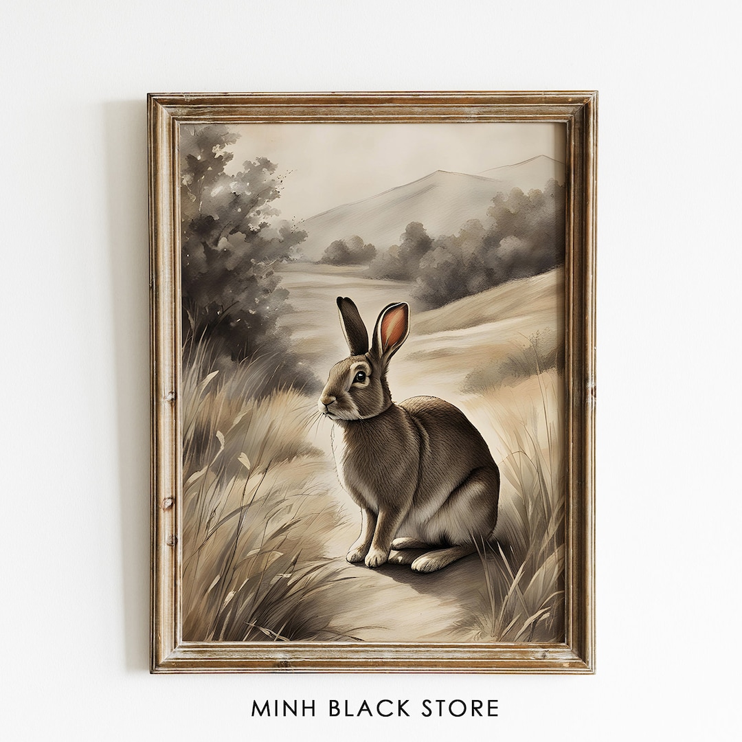 Rabbit Painting Original Art, Rabbit Print Art, Vintage Wall Art ...