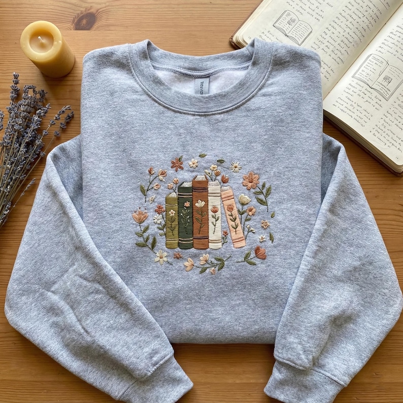 Embroidered Floral Book Stack Sweatshirt, Grey Reading Hoodie, Cute ...