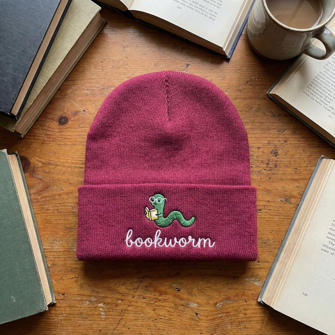 Retro Bookworm Beanie, Embroidered Reader Hat, Cute Librarian Gift ...