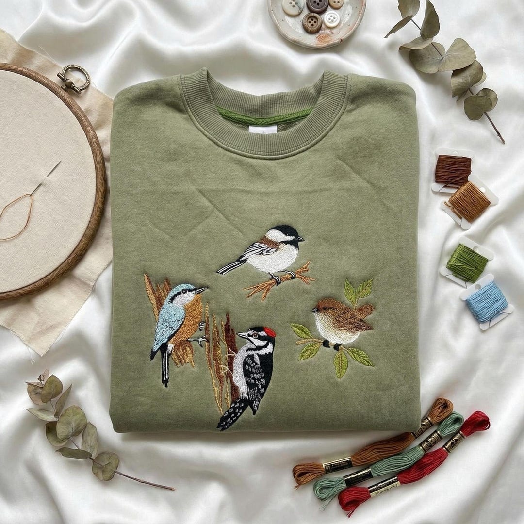 Embroidered Forest Birds Sweatshirt, Woodpecker Chickadee Nuthatch ...