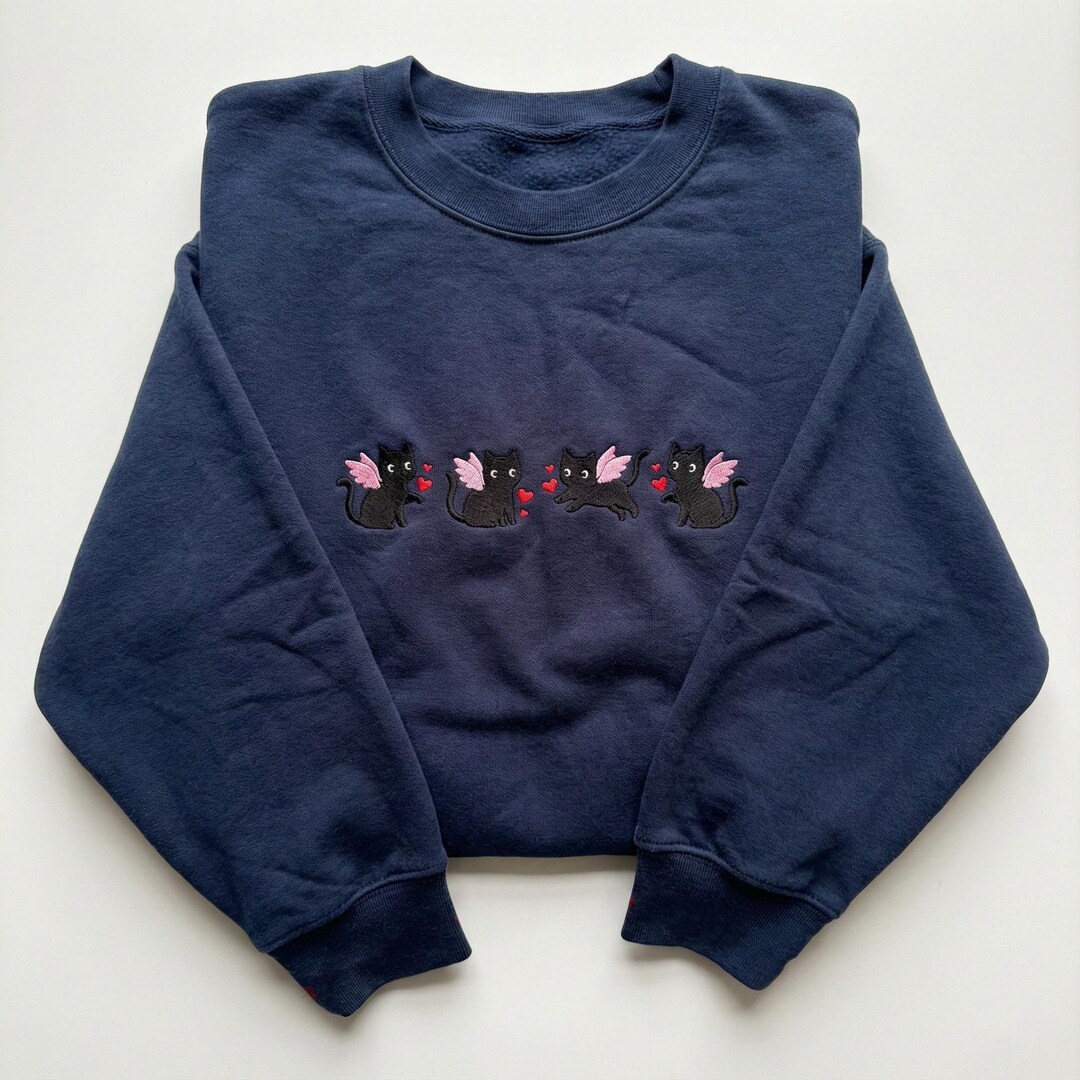 Embroidered Black Cat Cupid Sweatshirt, Kitty Love Arrow Crewneck ...