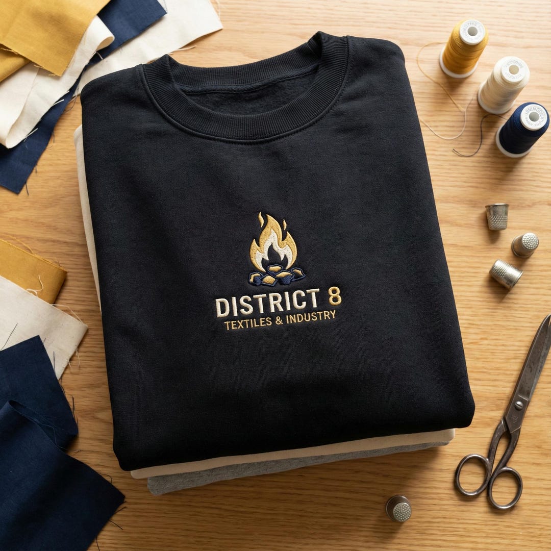 Embroidered District 8 Sweatshirt, Textiles & Industry Crewneck, Hunger ...