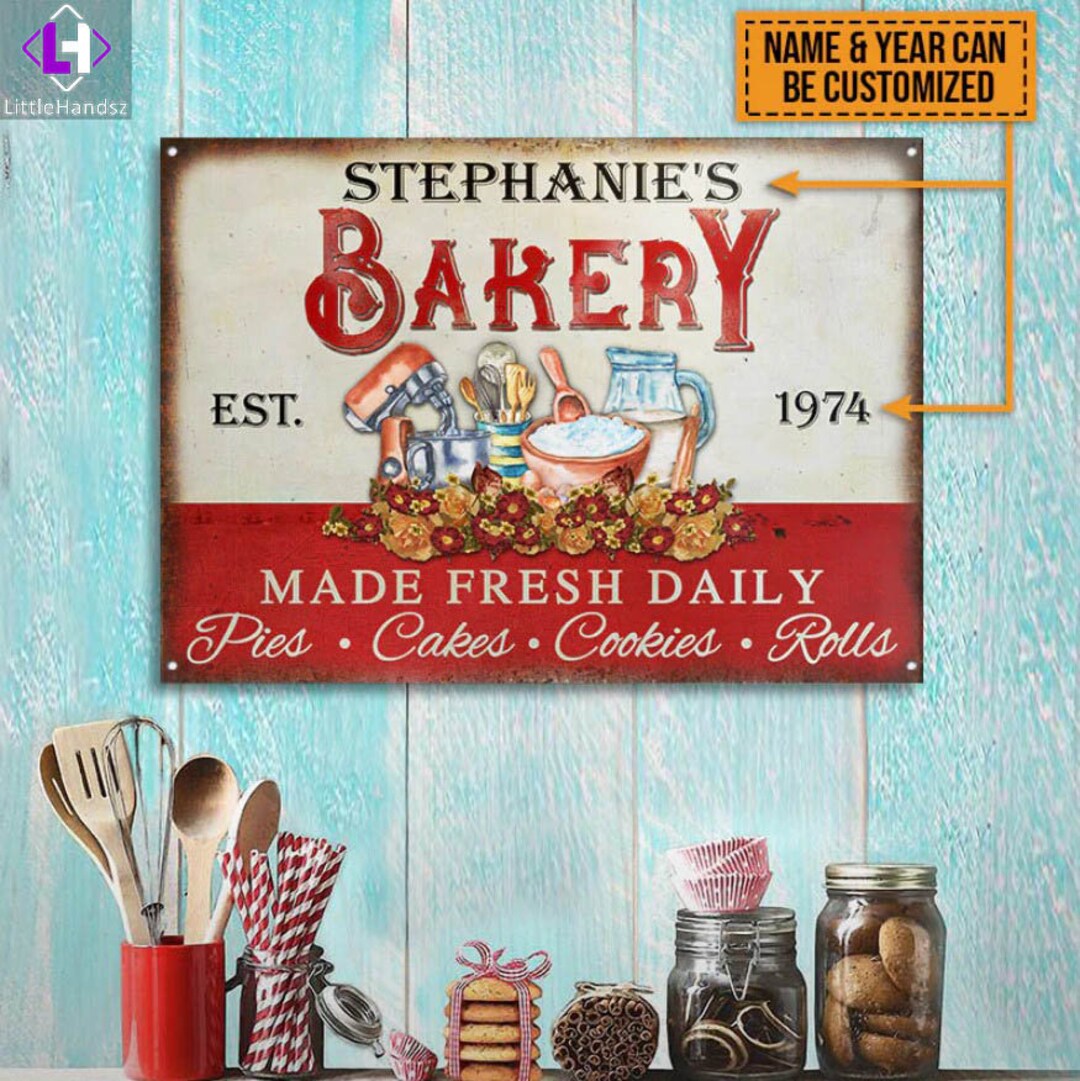 Personalized Baking Made Fresh Metal Sign, Cake Store Decor, Bakery ...