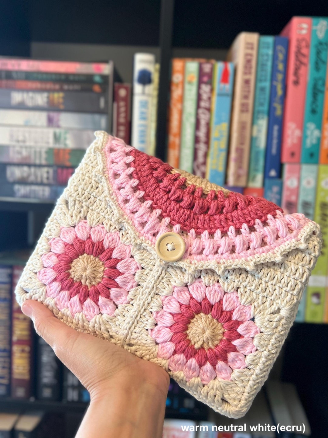 Crochet Book Sleeve: Pink Flower Sunburst, Wood Button, Boho Book Cozy ...