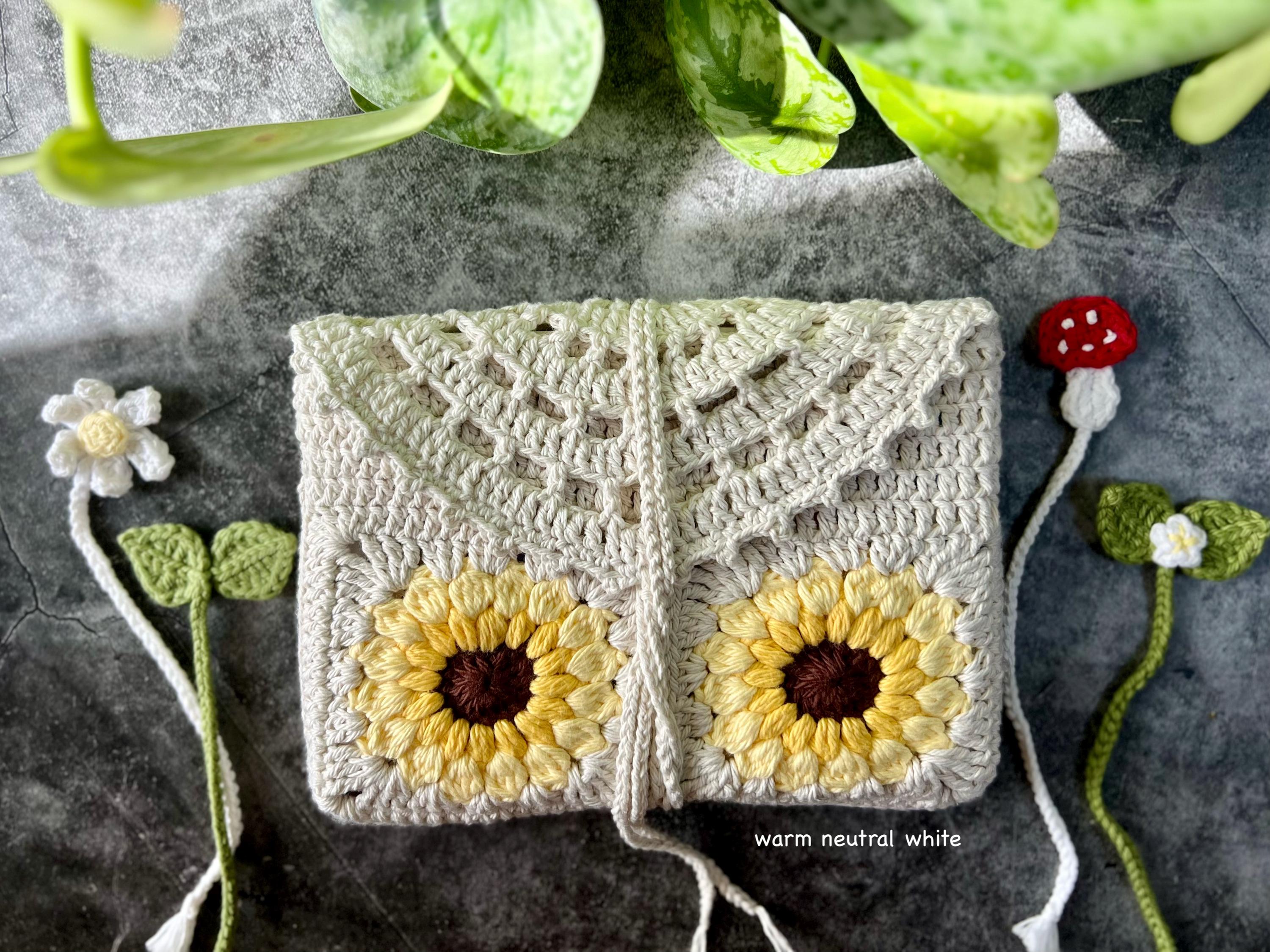 Crochet Sunflower Book Cover Set: Handmade Cotton Sleeve & Bookmark - Etsy
