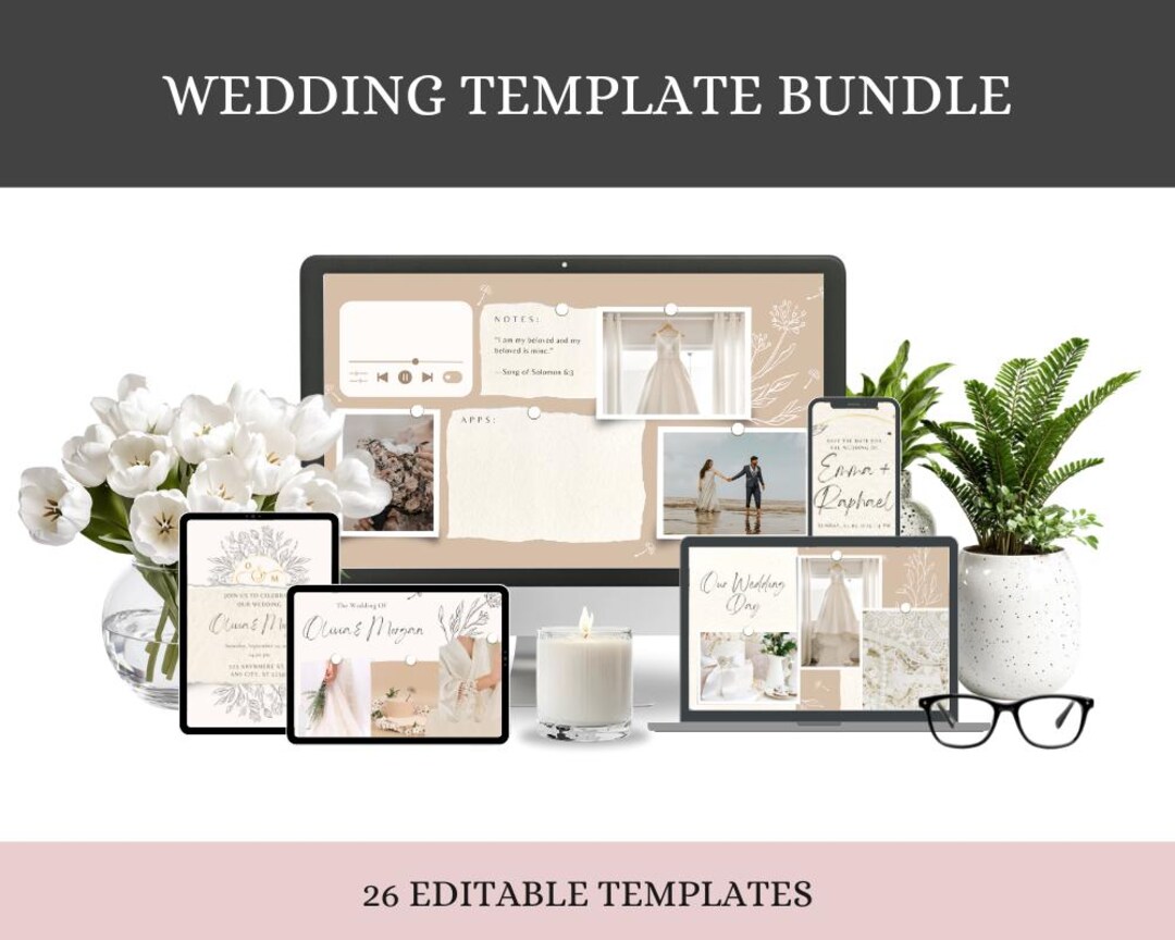 Elegant Wedding Template Bundle Invitations, Seating Chart, Timeline, Menus, Stickers & More ...