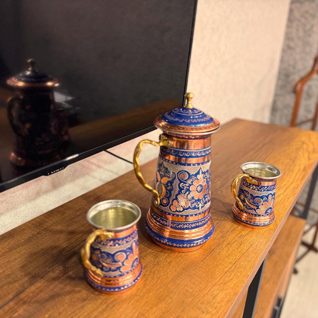 Copper Pitcher and Mug Set, Blue Color Jug, Vintage Style Carafe, Solid ...