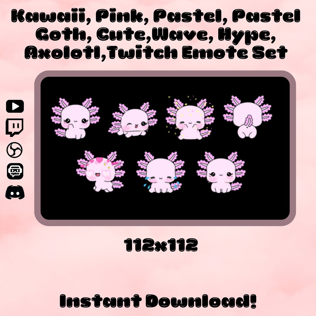 Cute, Pink, Kawaii, Axolotl, Subscriber, Affiliate, Twitch Emote Set ...