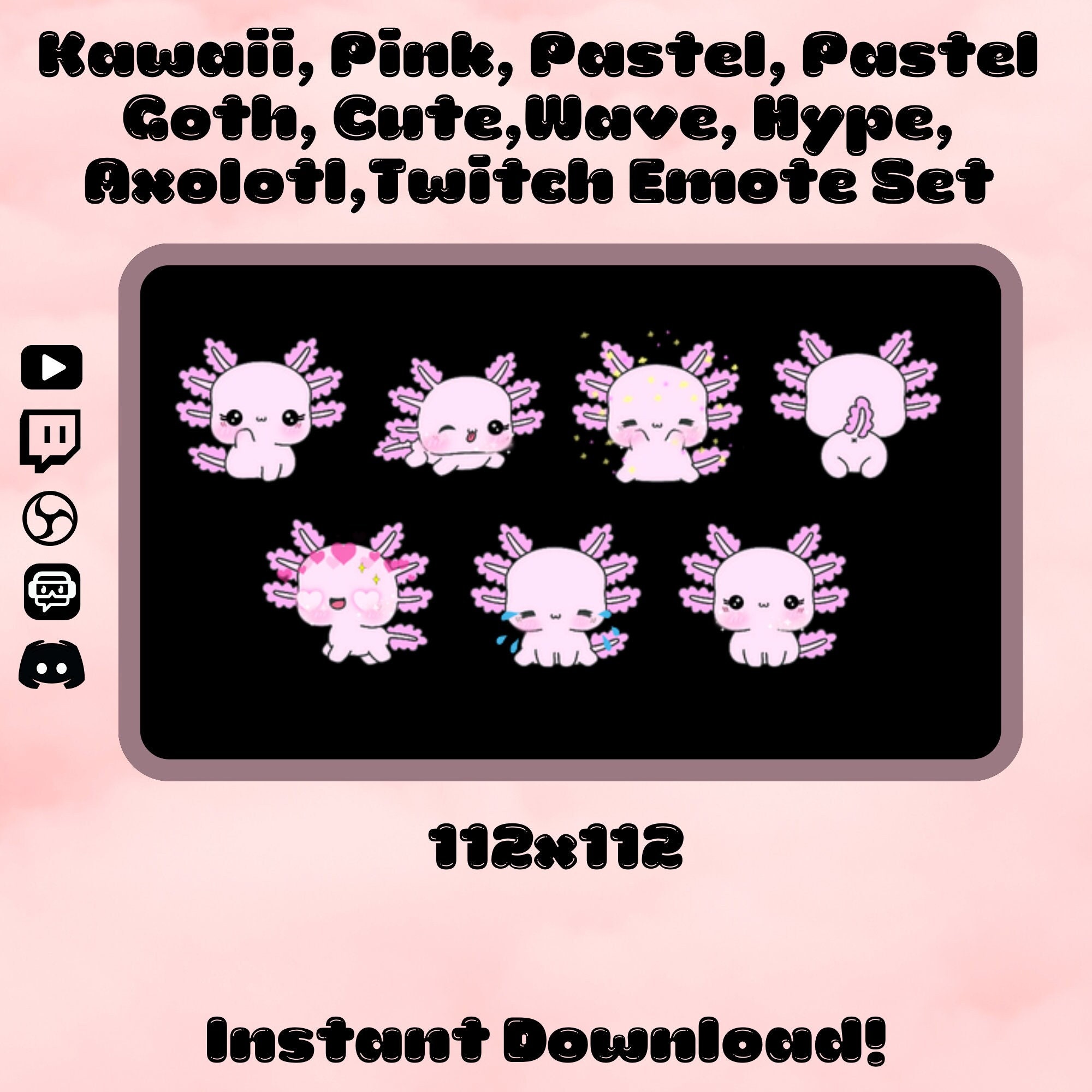 Cute, Pink, Kawaii, Axolotl, Subscriber, Affiliate, Twitch Emote Set, Wave, Uwu - Etsy