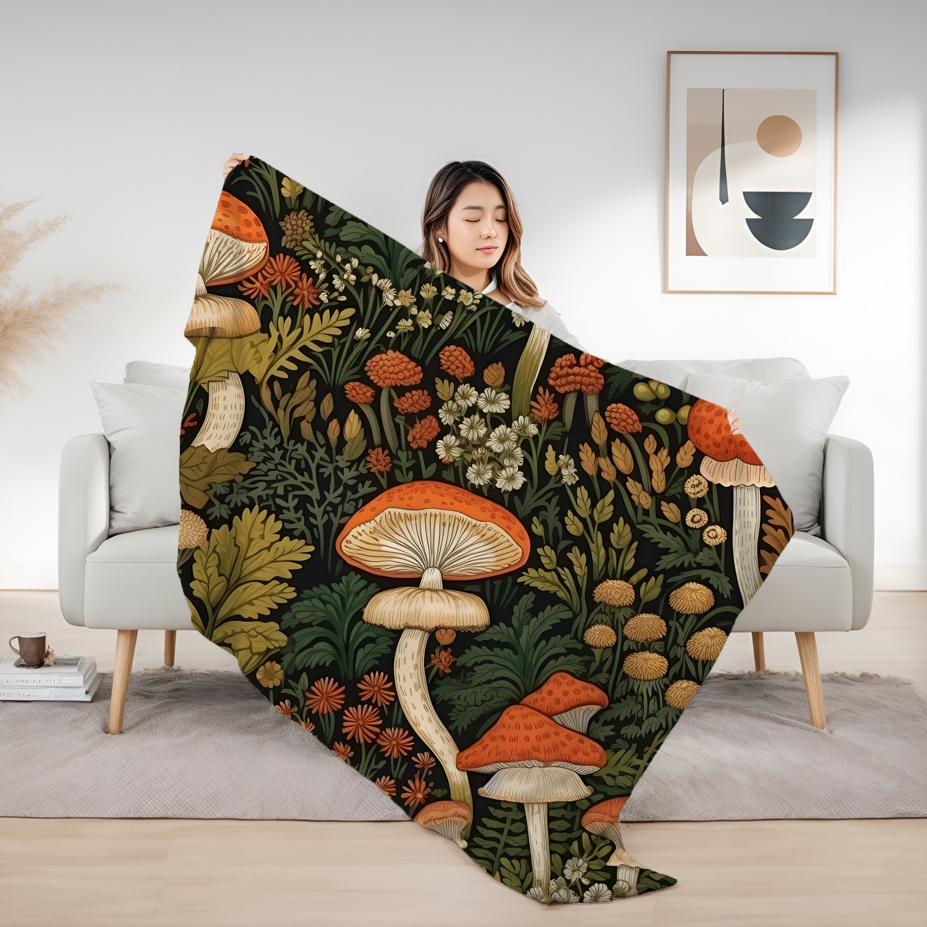 Mushroom Blanket, Cottagecore Decor, Forestcore Blanket, Vintage Fungi ...