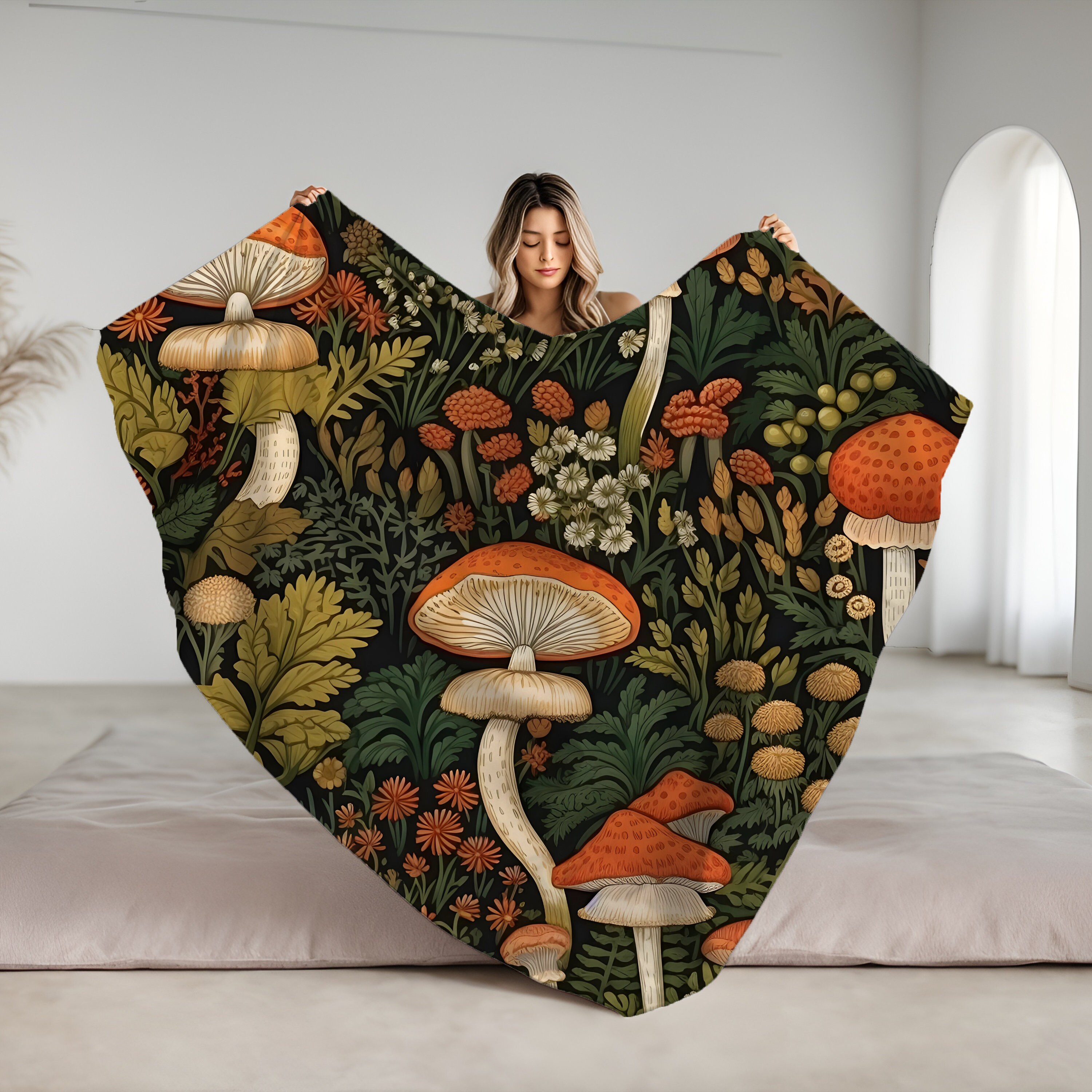 Mushroom Blanket, Cottagecore Decor, Forestcore Blanket, Vintage Fungi ...