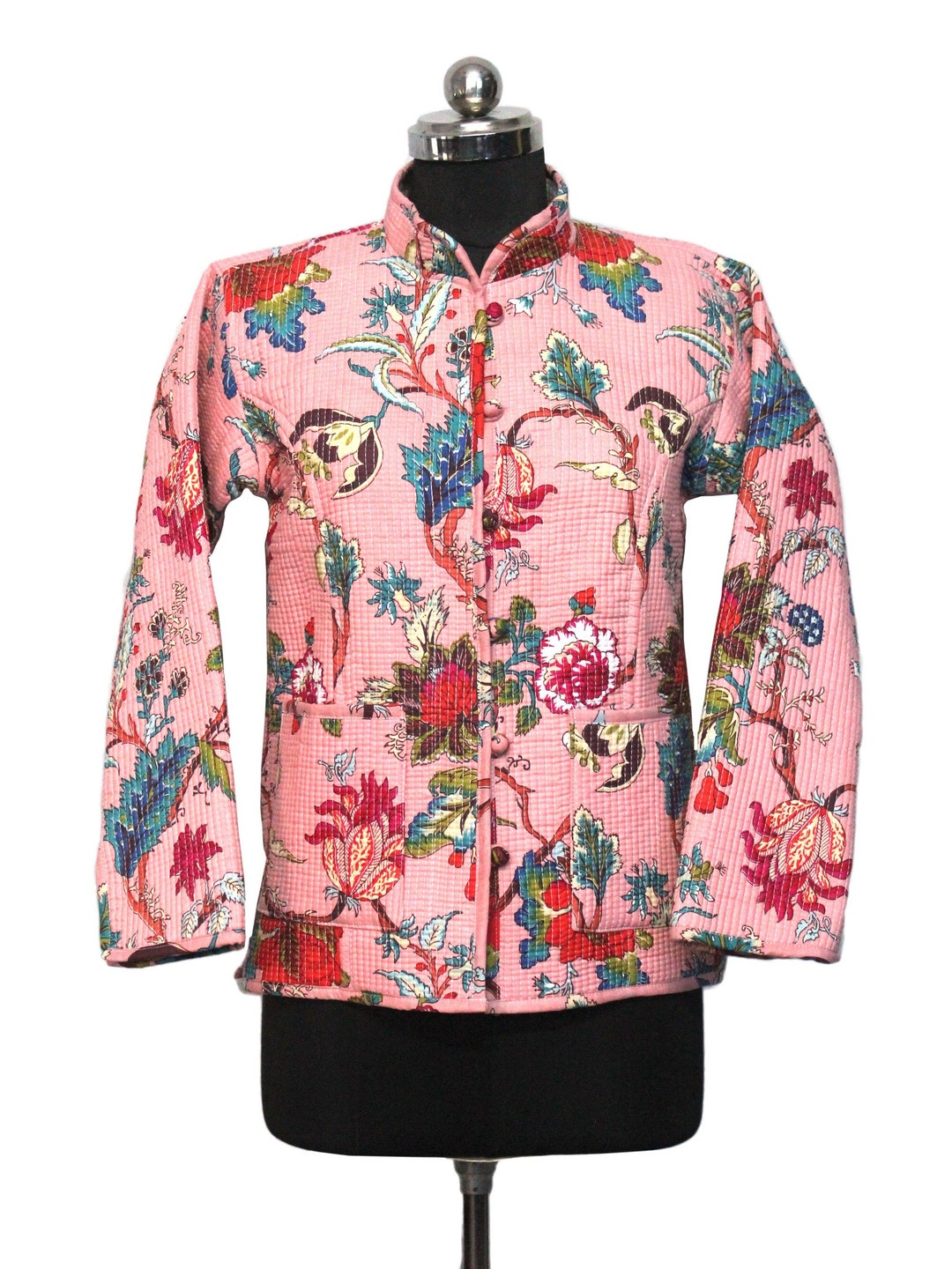 Indian Pink Multicolor Flower Print Jacket, Cotton Quilted Jacket ...