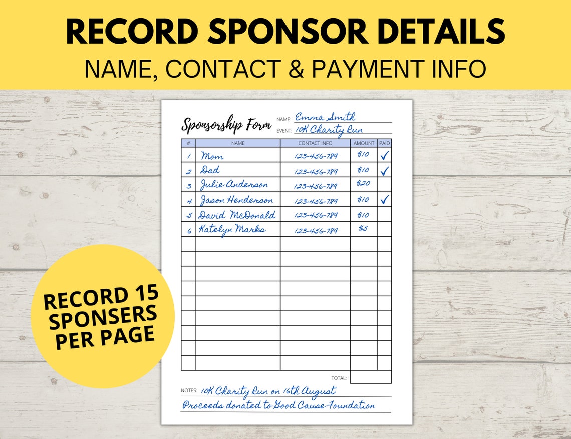 Sponsorship Form Printable Fundraiser Form Charity - Etsy