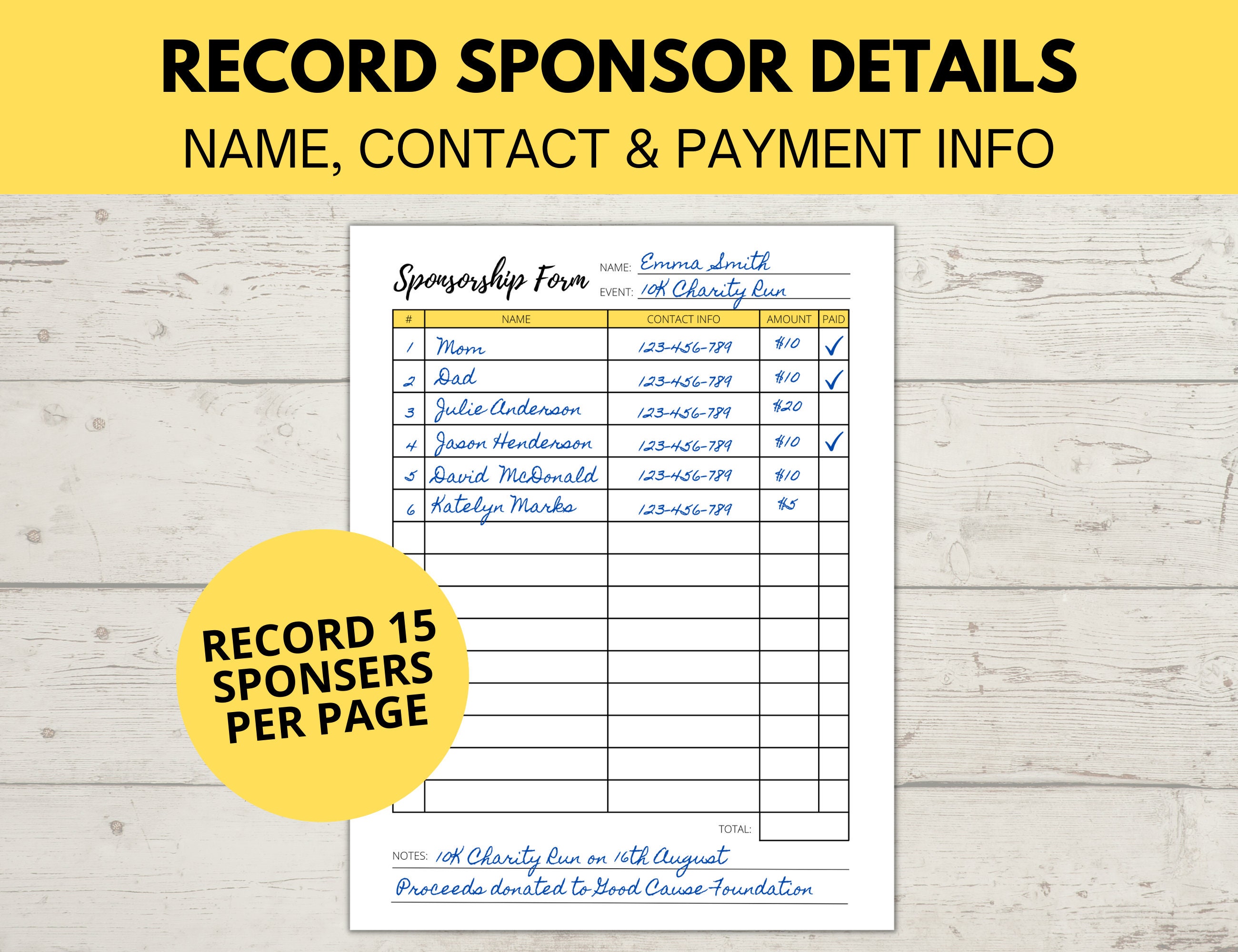 Sponsorship Form Printable Fundraiser Form Charity Fundraiser Donation ...