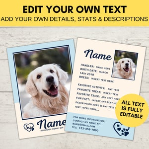 Editable Therapy Pet Trading Card Template | Custom Trading Card ...