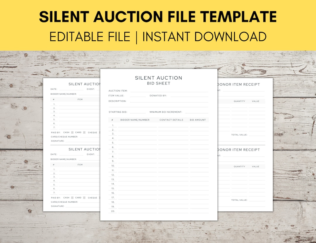 Silent Auction Form Bid Sheet | Printable Bundle | Editable File ...