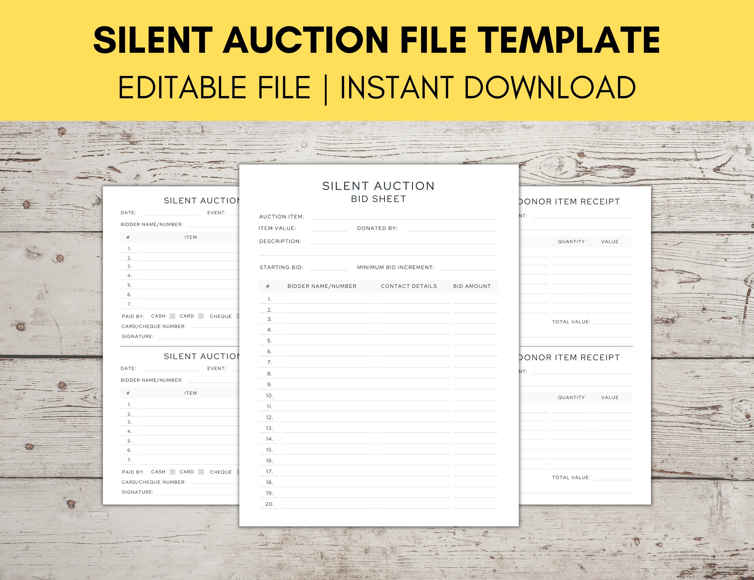 Silent Auction Form Bid Sheet Printable Bundle Editable File Auction ...
