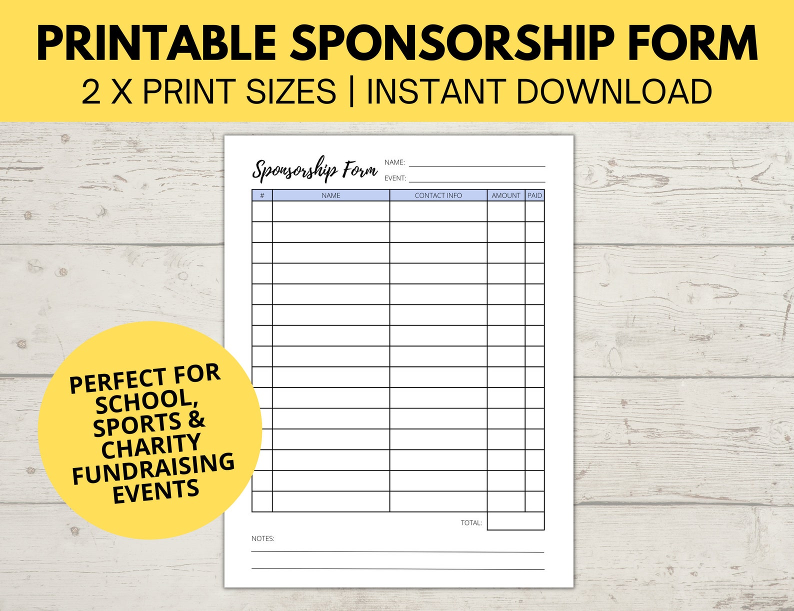Sponsorship Form Printable Fundraiser Form Charity - Etsy