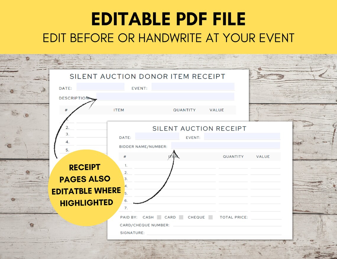 Silent Auction Form Bid Sheet Printable Bundle Editable File Auction ...