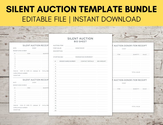 Silent Auction Form Bid Sheet Printable Bundle Editable | Etsy