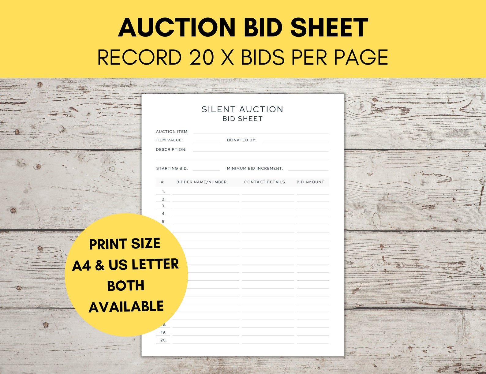 Silent Auction Form Bid Sheet Printable Bundle Editable File Auction ...