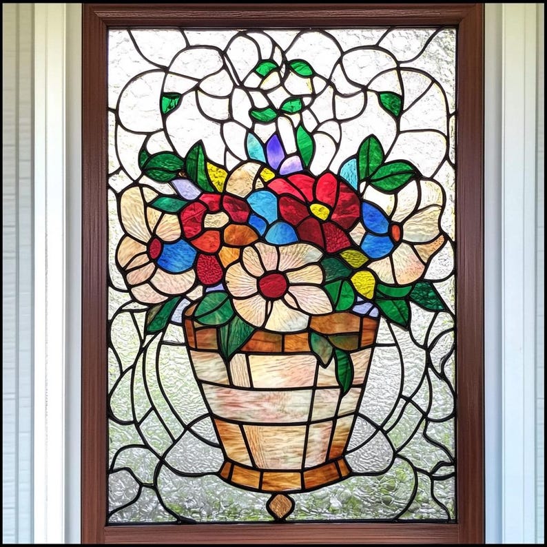 Vintage Floral Stained Glass Window Cling Potted Plant Entry Door ...