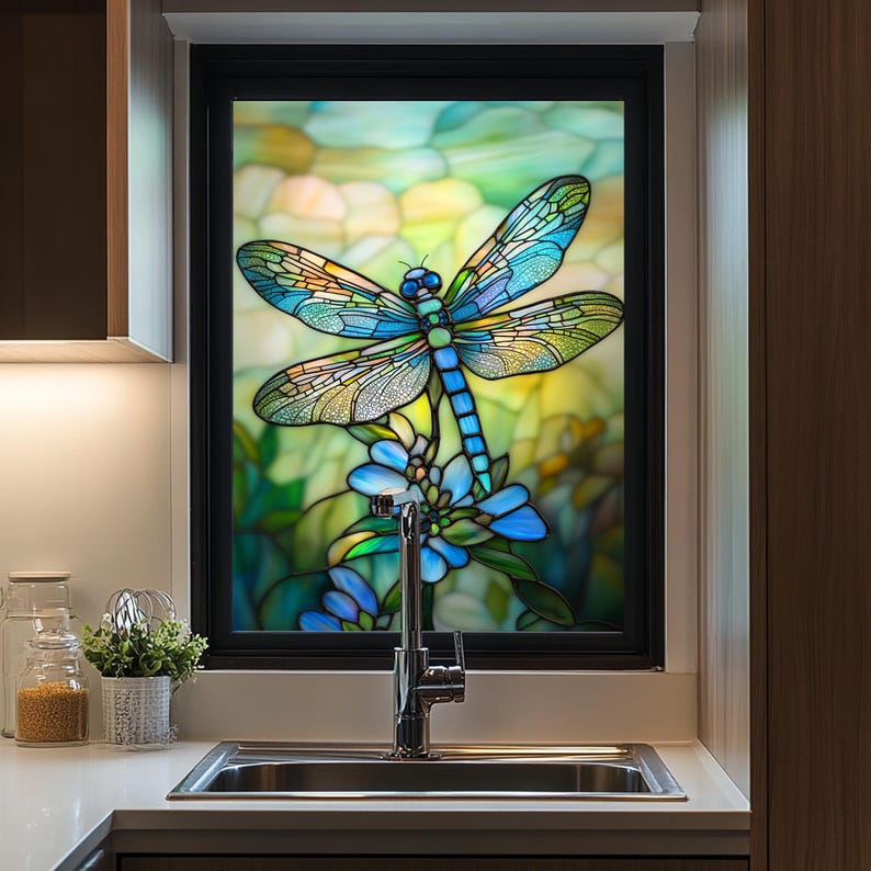 Custom Dragonfly Stained Glass Window Film | Privacy Cling for Kitchen ...