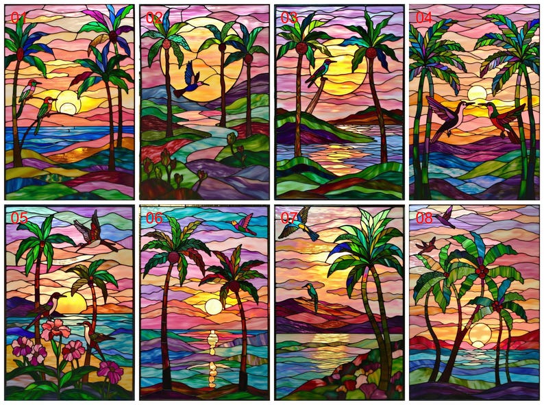 Custom Stained Glass Window Film – Tropical Sunset With Birds, Colorful ...