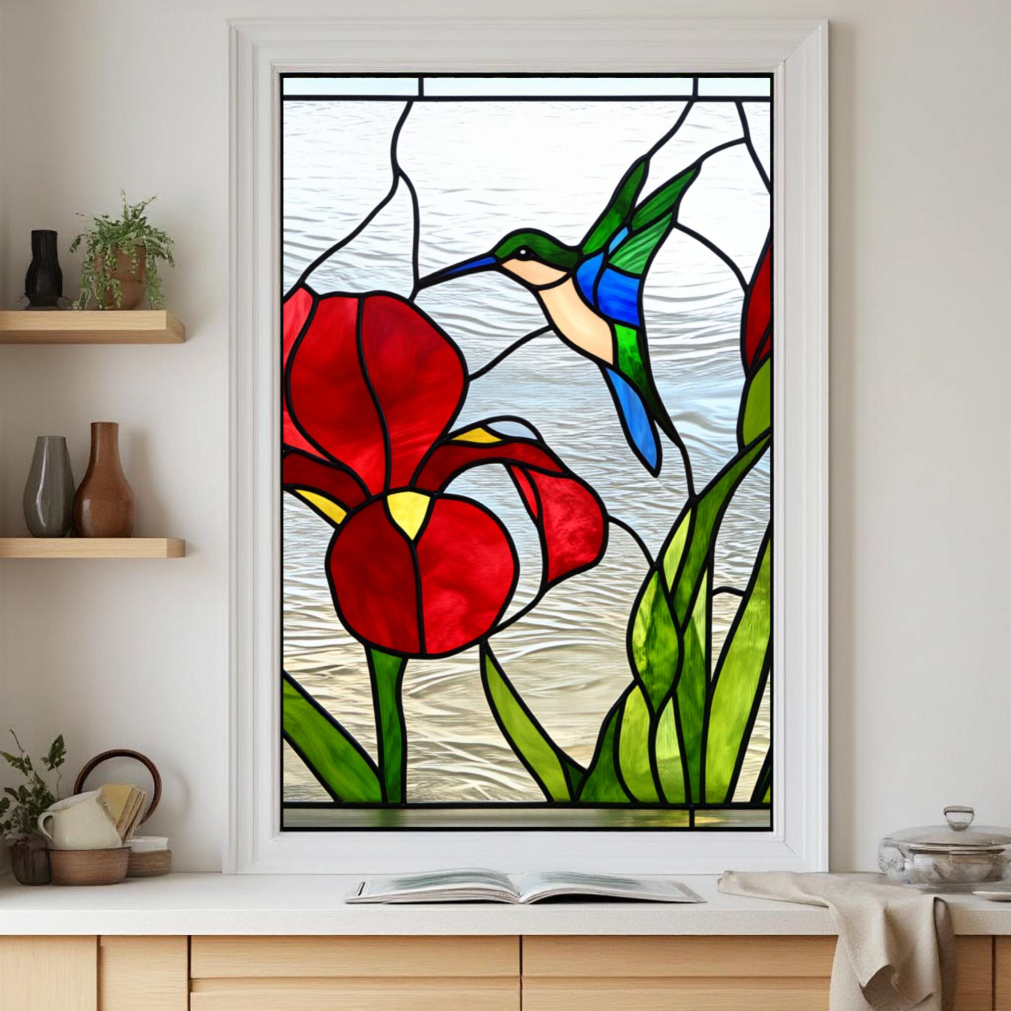Stained Glass Window Film Hummingbird Flower Design Window Privacy Film ...