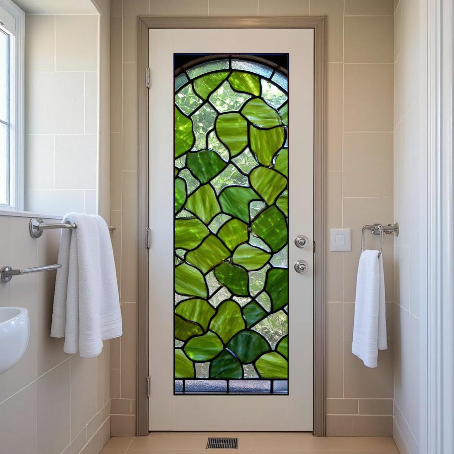 Custom Stained Glass Leaf Window Film – Green Botanical Privacy Cling ...