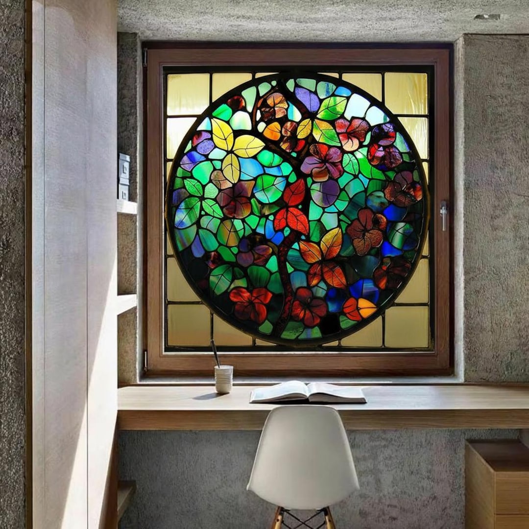 Round Stained Glass Window Film – Vibrant Floral Vine Design Decorative ...