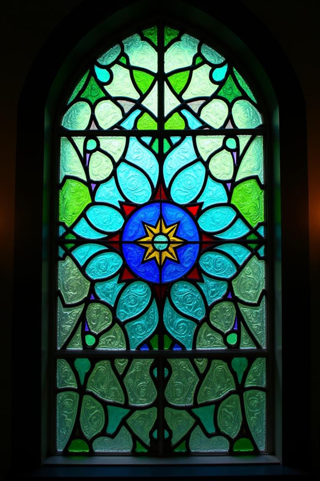 Custom Gothic Arch Stained Glass Window Film – Blue and Green Star ...