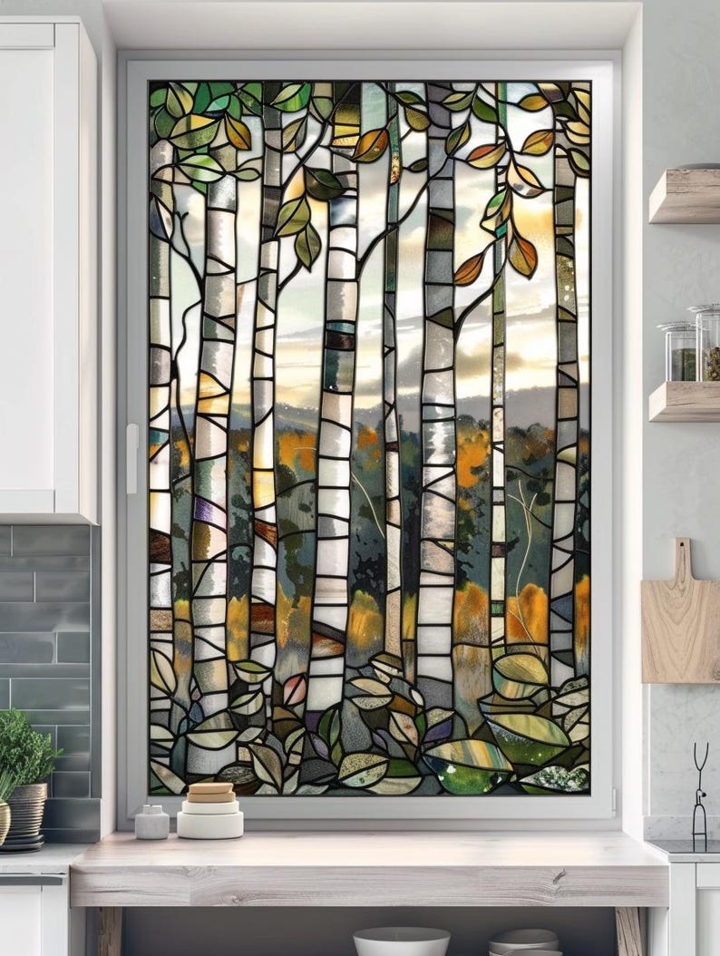Stained Glass Forest Window Film - Artistic Tree Pattern Privacy Film ...