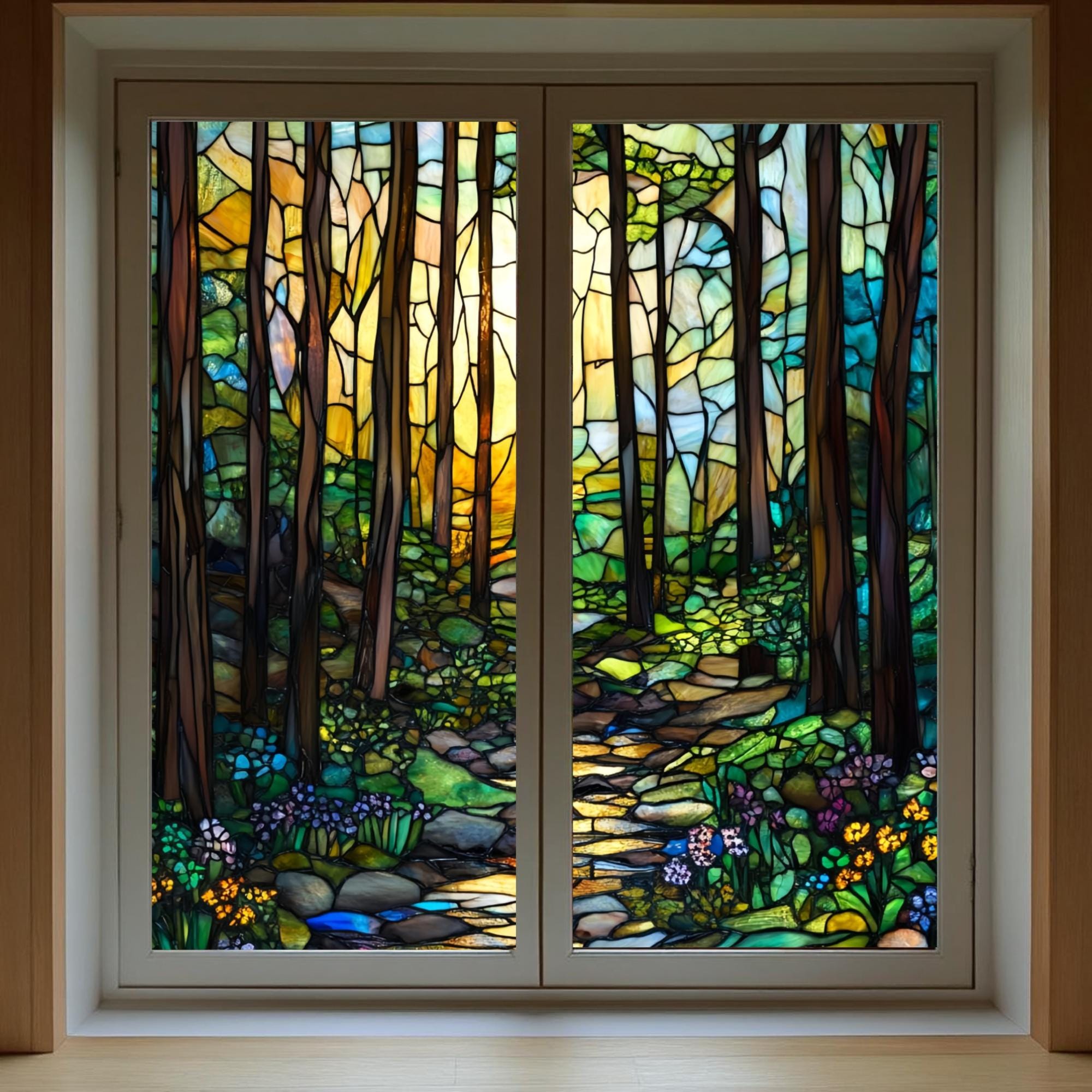 Forest Path Stained Glass Window Film – Woodland Sunset Privacy Window ...
