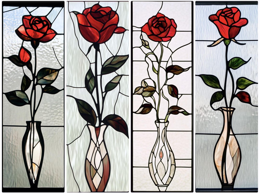 Red Rose in Vase Stained Glass Window Film Custom Privacy Panel Static ...