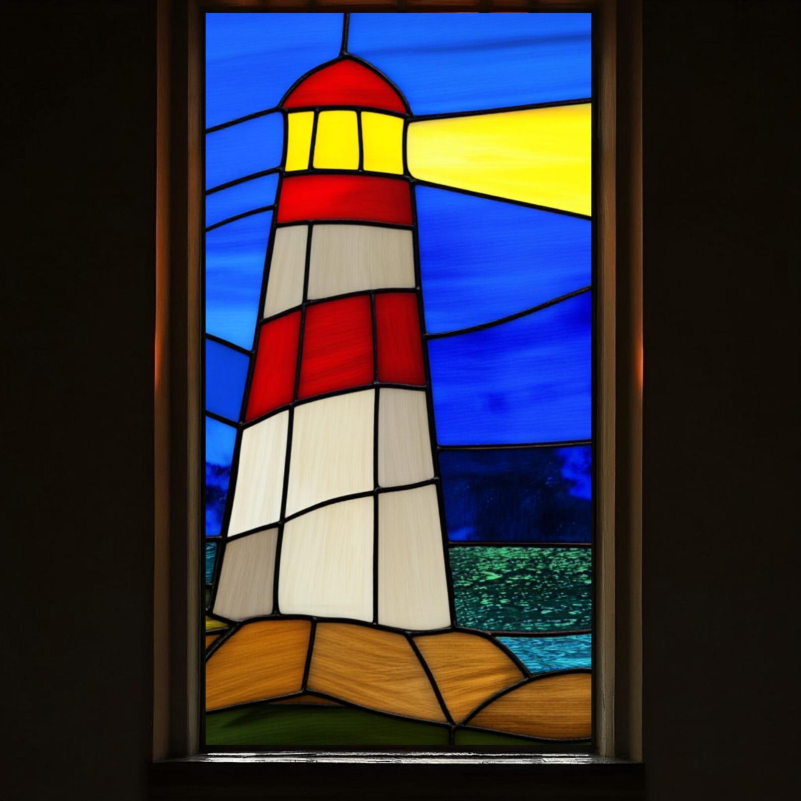 Coastal Lighthouse Stained Glass Window Film Nautical Ocean Scene ...