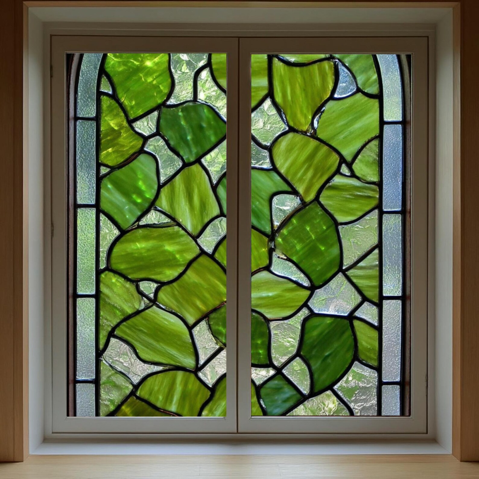 Custom Stained Glass Leaf Window Film – Green Botanical Privacy Cling ...