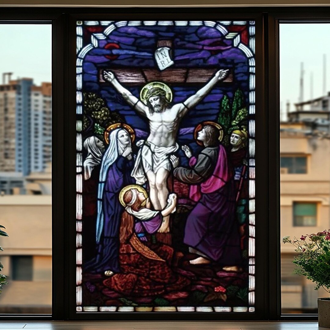 Crucifixion Stained Glass Window Film – Religious Decorative Cling - Etsy