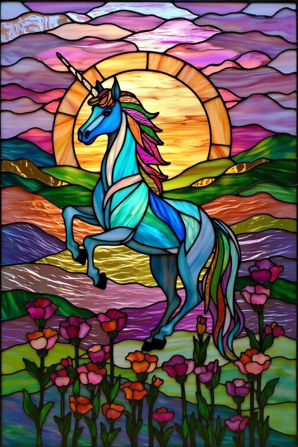 Custom Stained Glass Window Film – Fantasy Unicorn Sunset Design ...