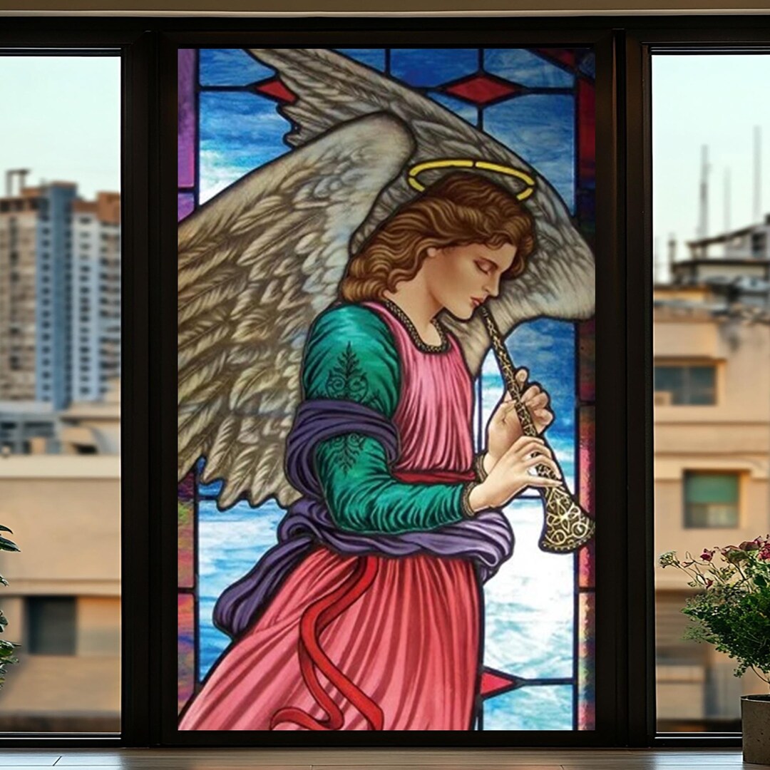 Angel With Trumpet Vertical Window Film – Stained Glass Privacy Décor ...