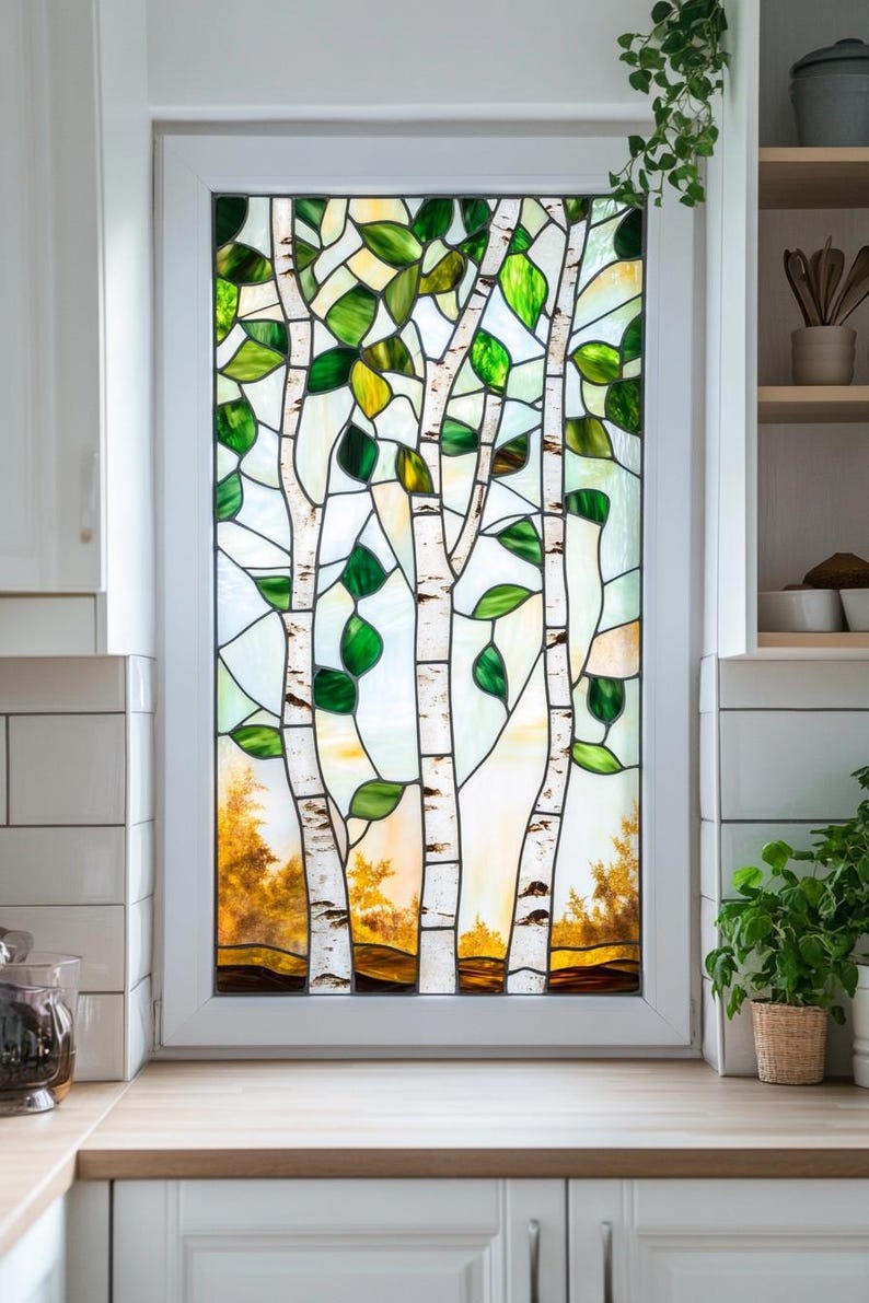 Birch Tree Stained Glass Window Film - Decorative Privacy Film for ...