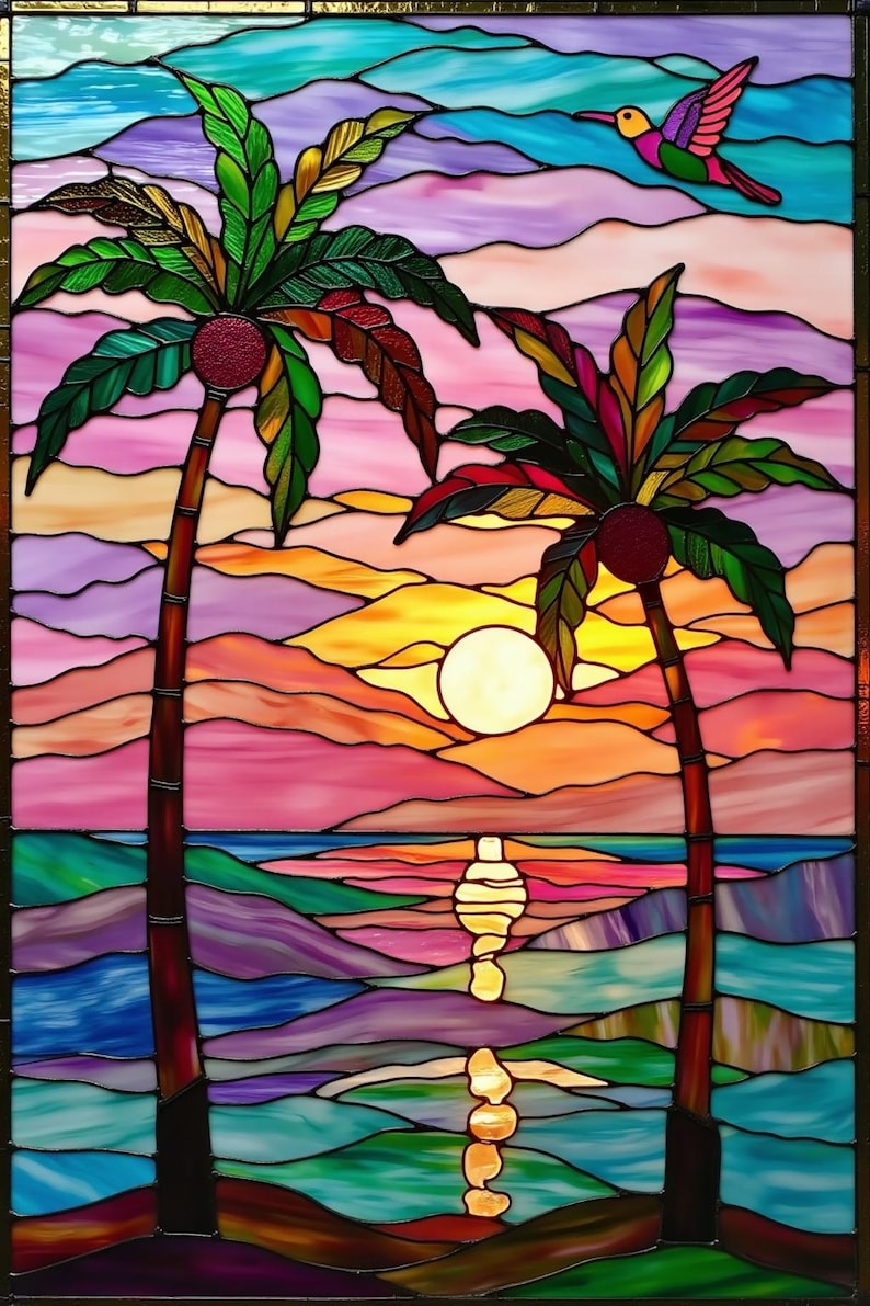 Custom Stained Glass Window Film – Tropical Sunset With Birds, Colorful ...