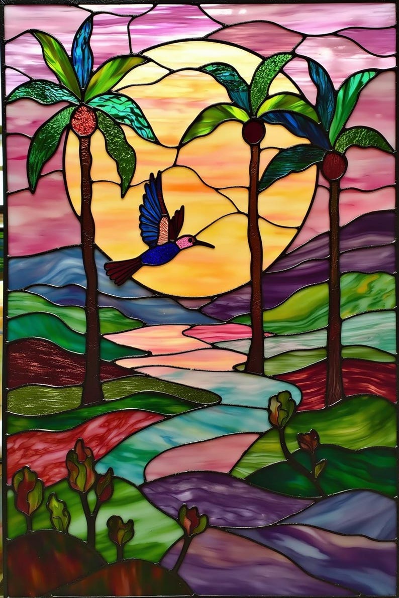 Custom Stained Glass Window Film – Tropical Sunset With Birds, Colorful ...
