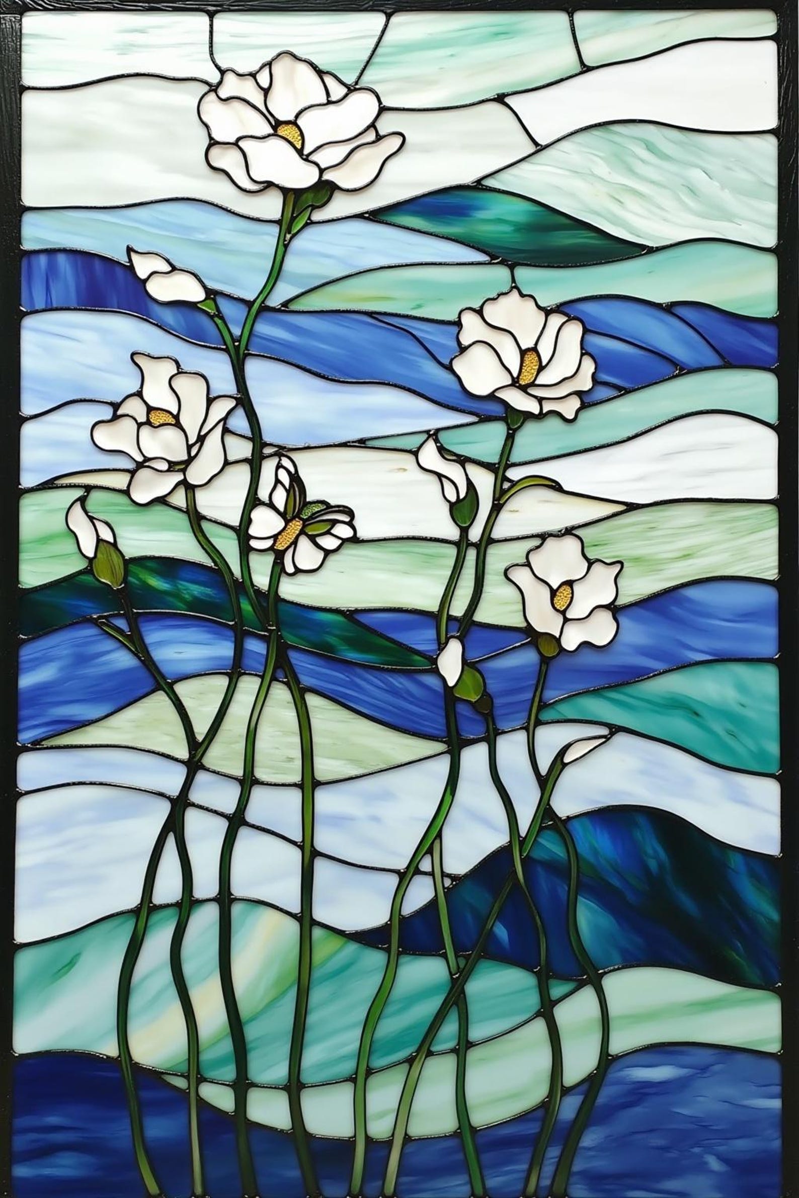 Custom Stained Glass Window Film – Blue Moonlit Landscape With Flowers ...